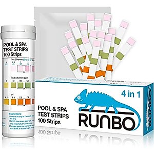 RUNBO Pool and Hot Tub Test Strips 4-in-1 (100 Count) – Test for Free Chlorine, Bromine, Total Alkalinity and pH - Pool Hot Tub Testing Strips