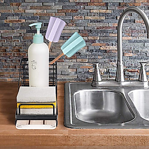 Nieifi Sink Caddy Organizer Sponge Soap Brush Holder with Drain Pan Stainless Steel for Kitchen Black