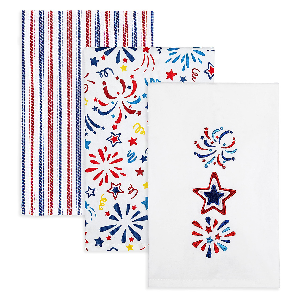 Cackleberry Home Patriotic Americana Kitchen Towel Set - One Each Embroidered, Woven, and Printed