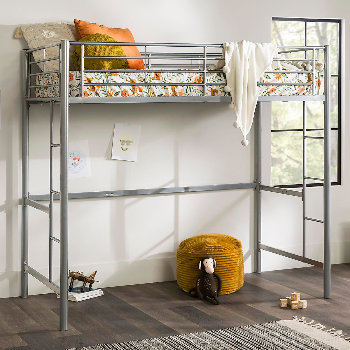 Walker Edison Silver Metal Twin over Loft Bunk Bed Twin Size Bedframe with Ladder Computer Gaming Desk
