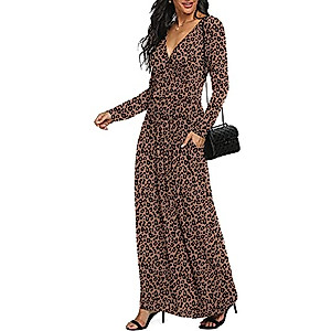 LILBETTER Women Long Sleeve Deep V Neck Loose Plain Long Maxi Casual Dress(F Leopard Deep Khaki,Large)