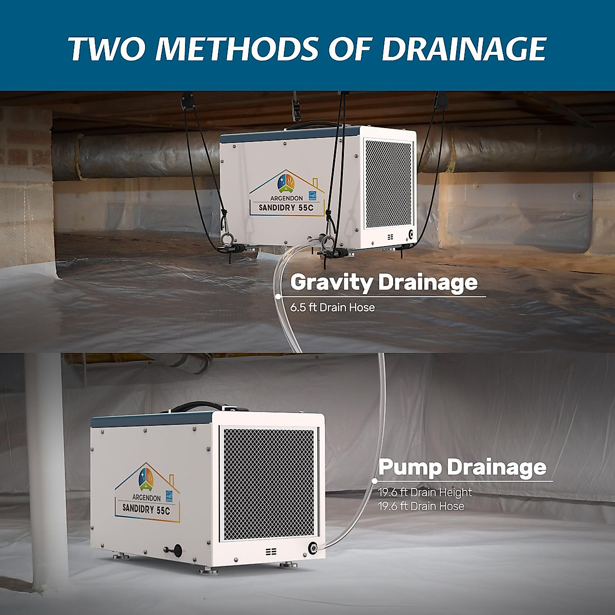 ARGENDON Commercial Dehumidifiers with Pump and Drain Hose for Crawlspace, Basement, 120 PPD Energy Star Crawl Space Dehumidifier for Large Spaces, Garage, Whole Home, Job Sites, Auto Defrost