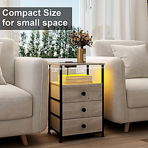 Tohomeor Nightstand with Charging Station USB Outlet and LED Light End Table Dresser with 3 Fabric Drawers and Storage Shelf for Bedroom Living Room Sofa Beside (1, Greige)