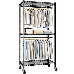 FUTASSI Portable Closets, Heavy-Duty Garment Rack with Shelves and Hanger Rods, Rolling Freestanding Wardrobe System, Clothes Organizers and Storage with 2 Lockable Casters, 30"W x 14"D x 76"H, Black