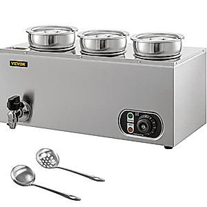 VEVOR 110V Commercial Food Warmer 12.6 Qt Capacity, 800W Electric Soup Warmer Adjustable Temp.86-185℉, Stainless Steel Countertop Soup Pot with Tap, Bain Marie Food Warmer for Cheese/Hot Dog/Rice
