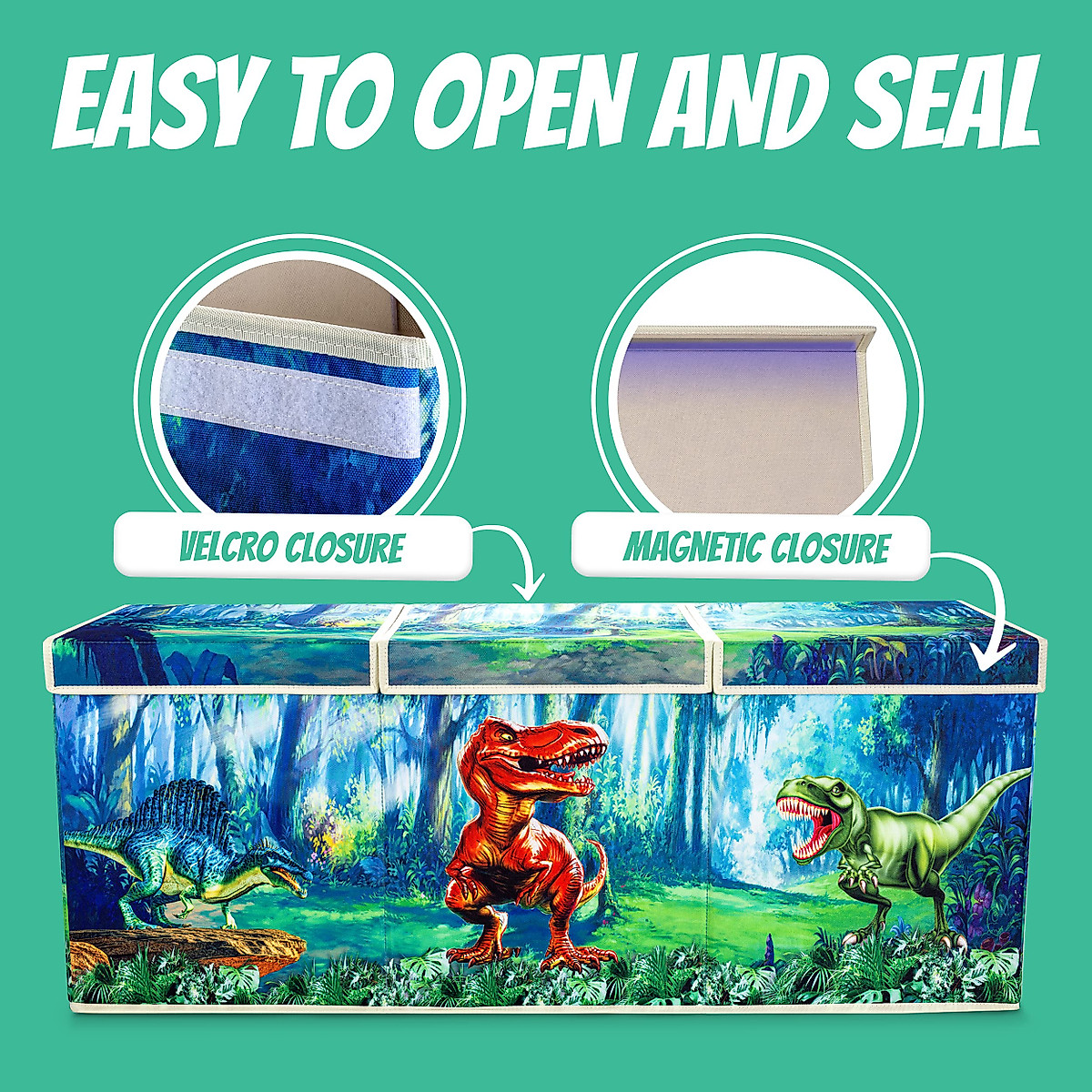 Toy To Enjoy Kids Toy Box - Large Stuffed Animal Storage, Collapsible Toy Chest Bin, Durable Fabric Toy Box for Boys & Girls - Storage Basket with Lid & Removable Inserts, 38x13x15 Inches (Dinosaur)