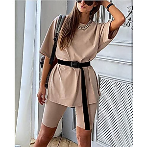 Glamaker Women 2 Piece Outfit sets Casual Oversized T-Shirt Tops Biker Shorts Workout Sport s Tracksuit Khaki Medium