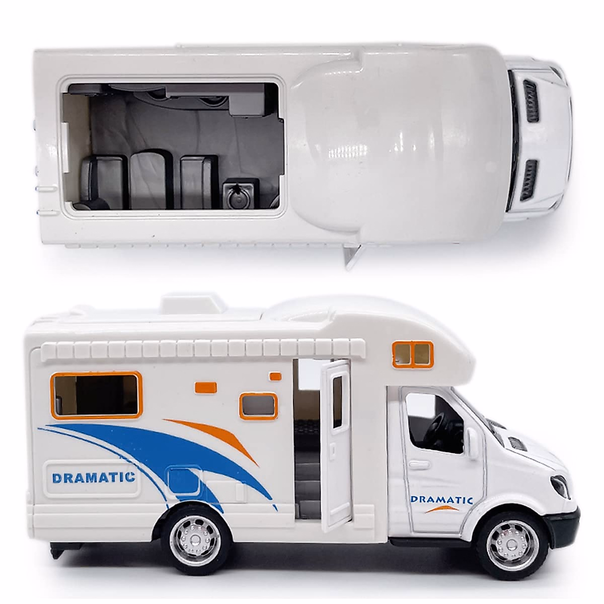 Mini Toy Camper RV Motorhome Toys for Boys Pull Back Diecast Model Car Recreational Vehicle Adventure with Furniture Roof and Side Door Open Children’s Vehicles Age 4 5 6 Kids Birthday Gifts, White