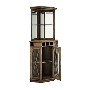 Home Source 73" Tall Corner Bar Unit Reclaimed Barnwood Wine Cabinet with Storage, Lower Mesh Doors, Upper Liquor Shelf galss holder, for Home Bar, Living Room, Kitchen, Mini Space, Reclaimed Barnwood