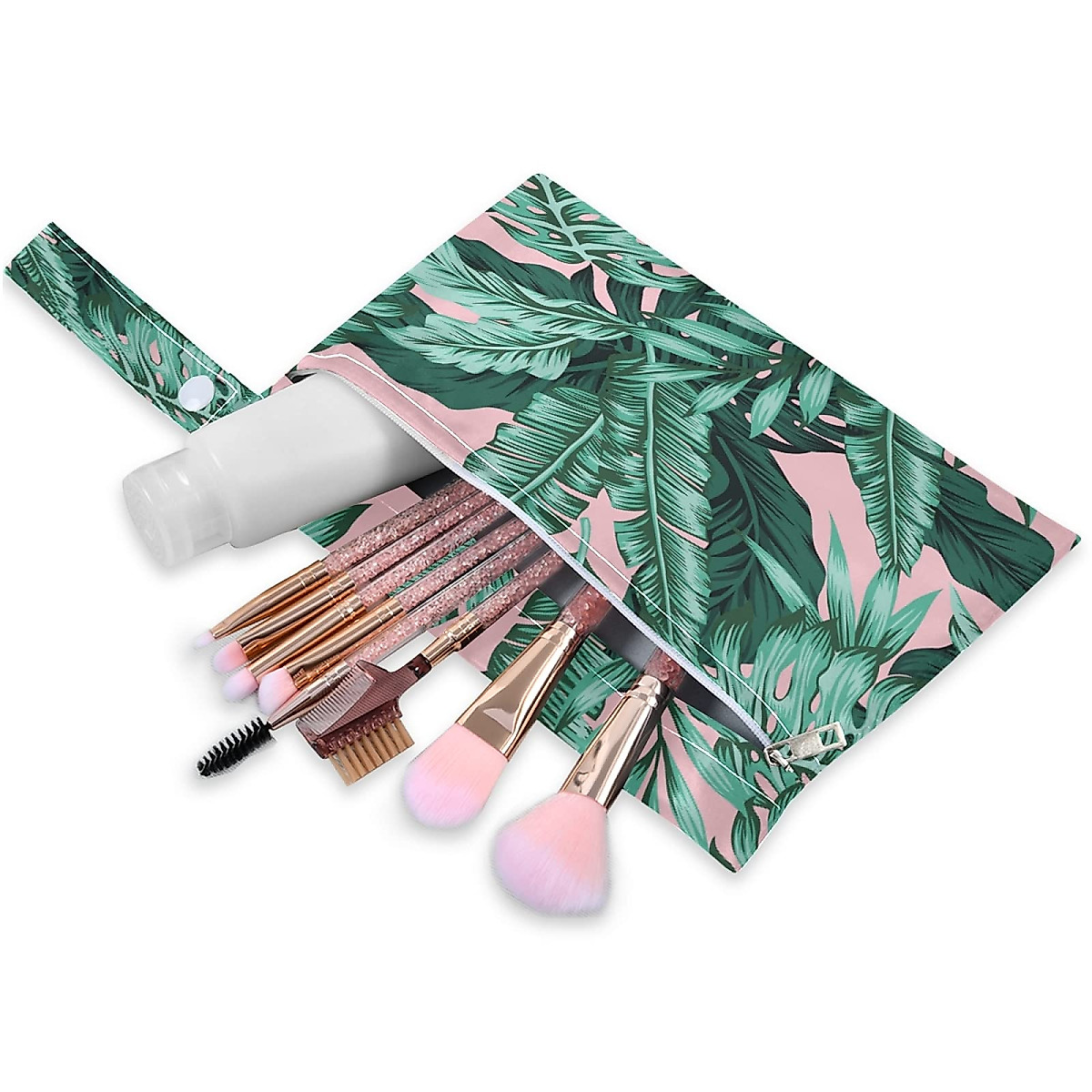 2pcs Cloth Diaper Wet Dry Bags Waterproof Tropical Green Palm Leaves Pink Reusable Washable Travel Beach Yoga Gym Bag for Swimsuits Wet Clothes