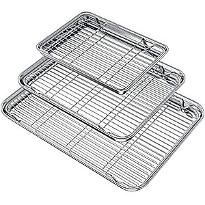 Wildone Baking Sheet with Rack Set (3 Pans + 3 Racks), Stainless Steel Baking Pan Cookie Sheet with Cooling Rack, Non Toxic & Heavy Duty & Easy Clean