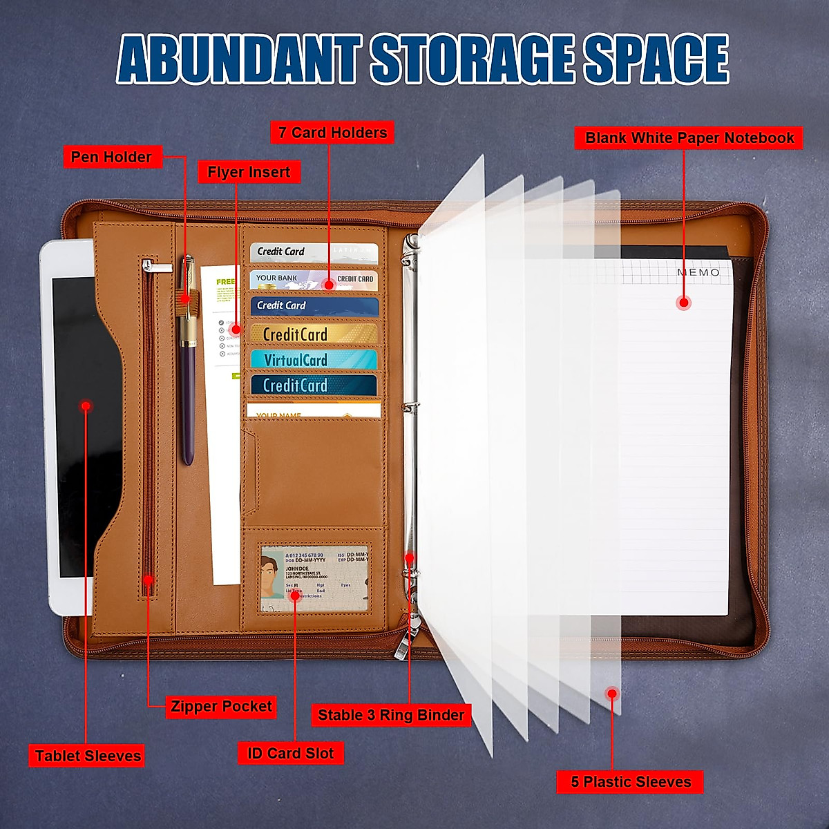 Deziliao 3-Ring Padfolio Portfolio Binder Organizer, Document Organizer Folio, 10.4 Inch PU Leather Business Portfolio with Zipper, Business Planner Notebook Organizer for Women/Men（Brown）