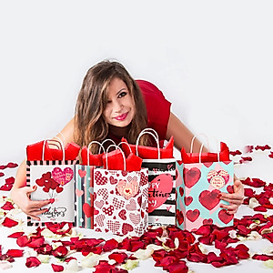 Crtiin 192 Pcs Valentine's Day Paper Gift Bags with Handle Set with Tissue Paper and Stickers Bulk Treats Gift Wrap Bags for Valentines Wedding Party Favor Gift Wrapping Supply, 8.7 x 6.7 x 3.1 Inch