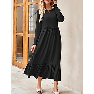 ZESICA Women's Spring Long Sleeve Dress 2025 Crewneck Casual Loose Pleated Tiered Swing Midi Dresses with Pockets,Black,Large