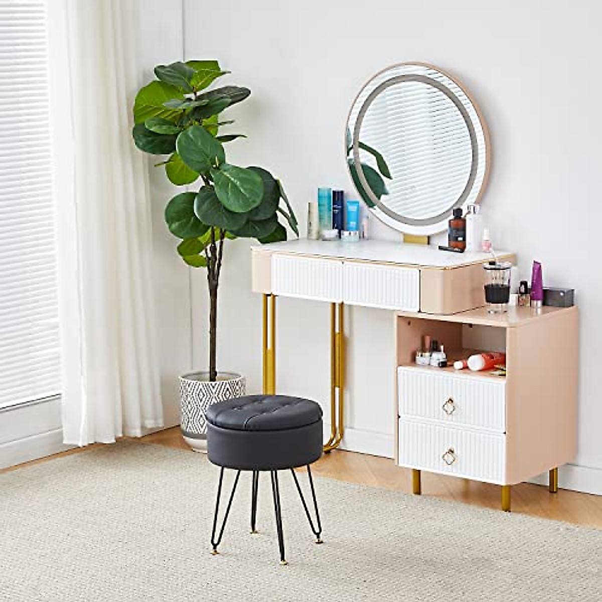 Cpintltr Faux Leather Storage Ottoman Round Footrest Stool Multifunctional Upholstered Ottoman with Metal Legs Modern Vanity Stools Tray Top Coffee Table Suitable for Living Room Bedroom Black