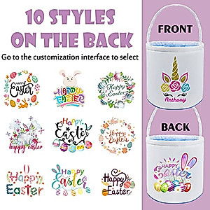 Personalized Easter Baskets Bunny for Boys Girls Custom Name Easter Basket Egg Canvas Tote Bag with Handle Kids Gift Blue