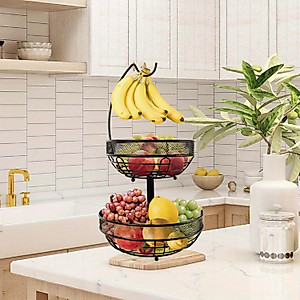 Fruit Basket with Banana Hanger,2-Tier Fruit Basket,Large 2-Tier Fruit Basket for Kitchen,Sturdy Metal Fruit Basket for Kitchen Counter,Elegant Fruit and Vegetable Basket (Black)