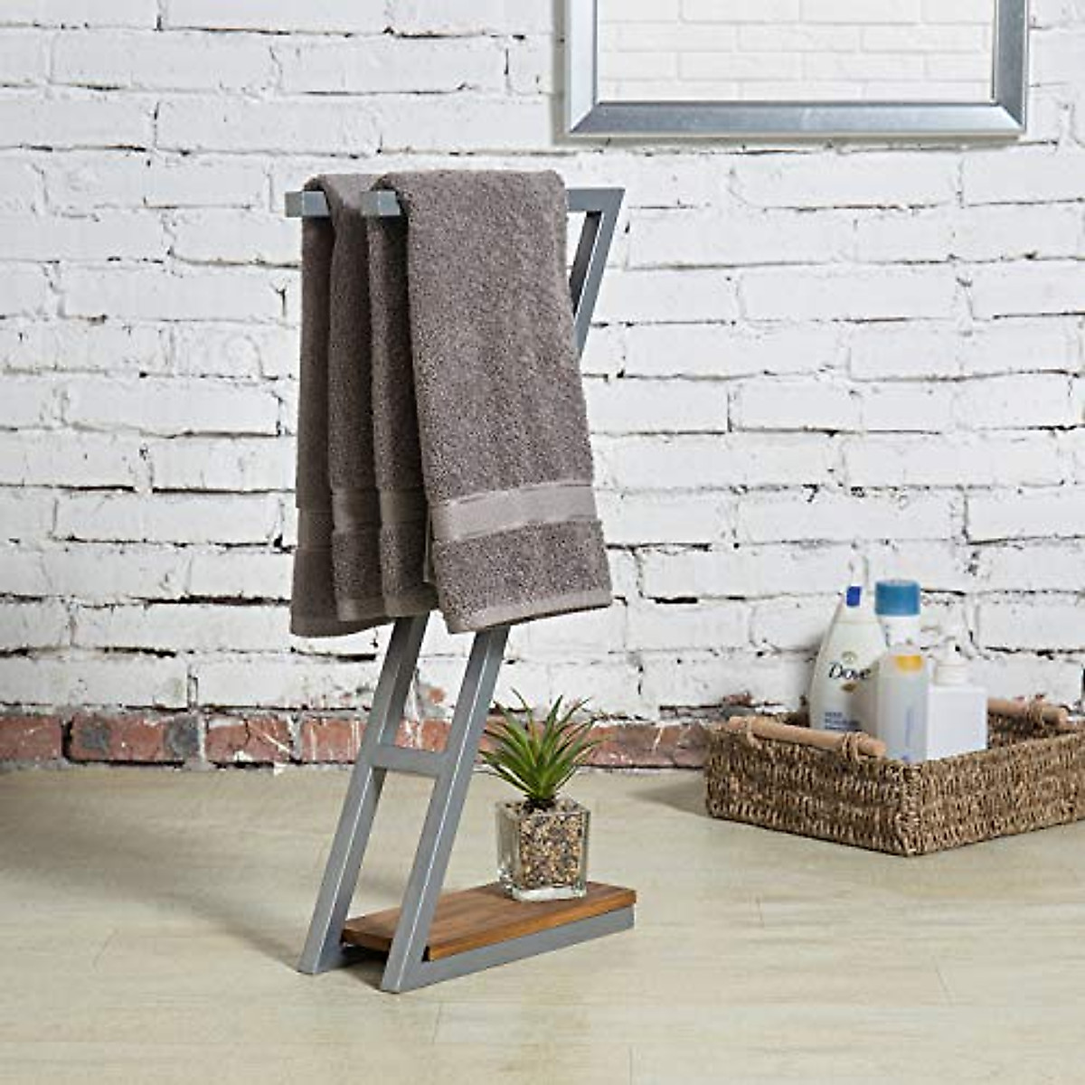 MyGift 2-Feet Tall Modern Z-Shaped Silver Tone Metal Dual Bar Towel Rack with Rustic Burnt Solid Wood Base, Free Standing Bathroom Laundry Room Holder Stand