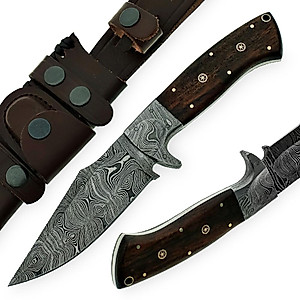 Damascus Steel Hunting Knife Fixed blade knife Damascus Bolster Walnut Wood Handle Mosaic Pin, Bush craft, Outdoor Camping, with Cowhide Leather Sheath – BW-4144