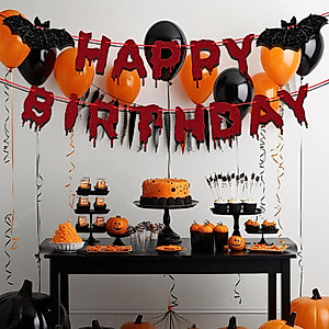 Red Glittery Happy Birthday Halloween Banner, Simple Suspension Halloween Birthday Party Supplies Horror Themed Birthday Decorations, Bat Vampire Halloween Party Scary Horror Party Decorations