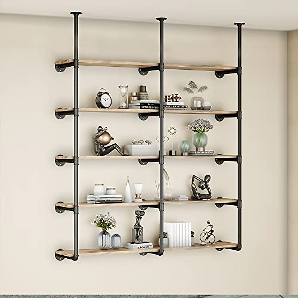 FJANKUI 5 Tier Industrial Rustic Wall Mount Wood Floating Iron Pipe Shelving, DIY Open Wall Display Bookshelf, Black Metal Bracket Storage Wall Shelf for Utility Shelves, Office Shelves, Etc