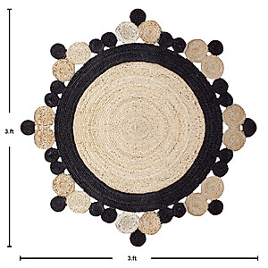CASAVANI Collection Circle Area Rug - 10 Ft' Round Black Natural Jute Mat Geometric Kilim Rug Indoor Outdoor Use Mat Flatweave Rugs for Bedroom Bedside Round Dining Table Mat Hall & Kitchen