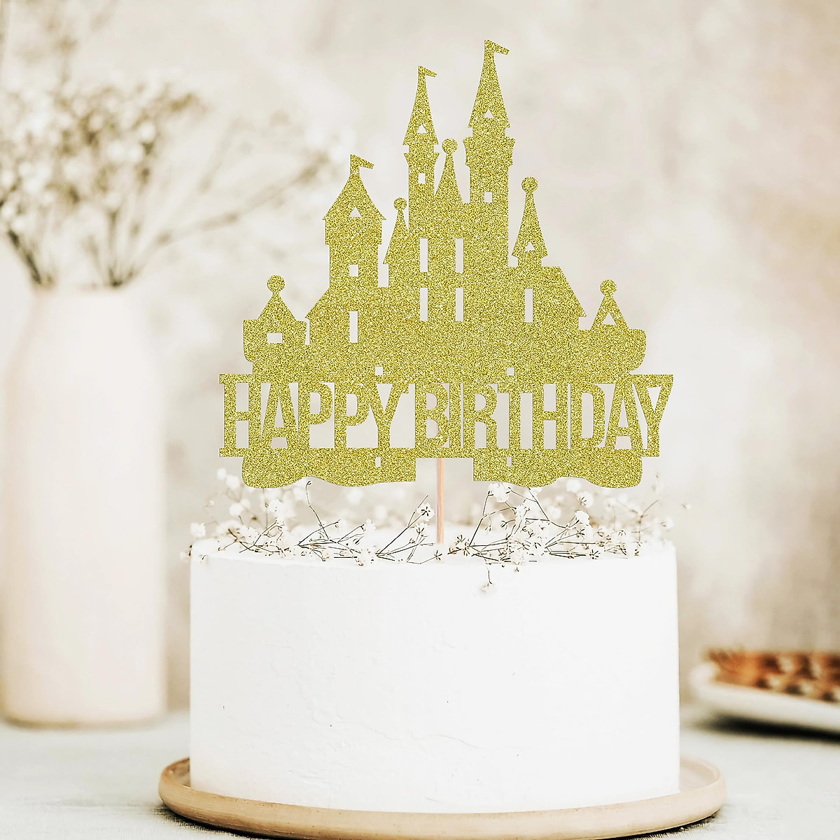 MYAMPED Castle Birthday Cake Topper - Double-Sided Gold Glitter Castle Themed Birthday Cake Decoration Supplies - Princess/Prince Birthday Cake Bunting Decor, Photo Booth Props
