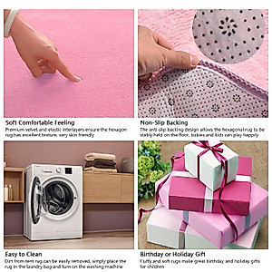 WERSHOW Hexagon Coral Rug - Ultra Soft Carpet for Princess Castle Playhouse Bedroom Length 55" Girls Anti-Slip Bottom Play Mat Indoor and Outdoor Fun(Pink)