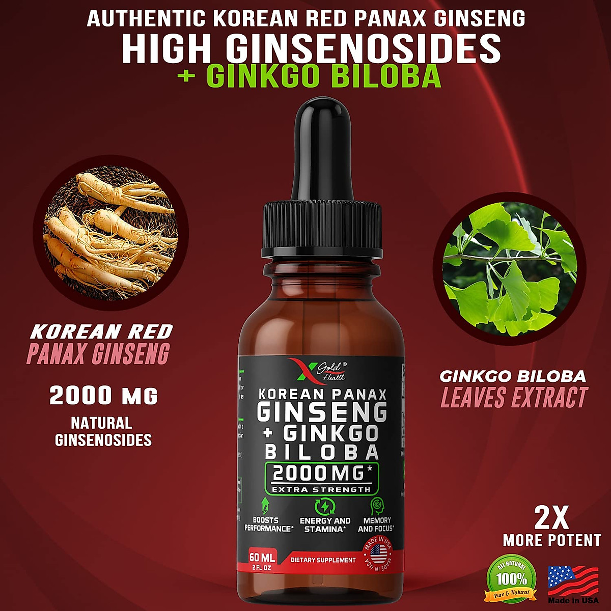 Korean Red Panax Ginseng 2000mg + Ginkgo Biloba Extra Strength Root Extract Supplement for Men & Women,High Ginsenosides, 2 fl oz Natural Advanced Liquid Extract for Energy, Performance & Focus