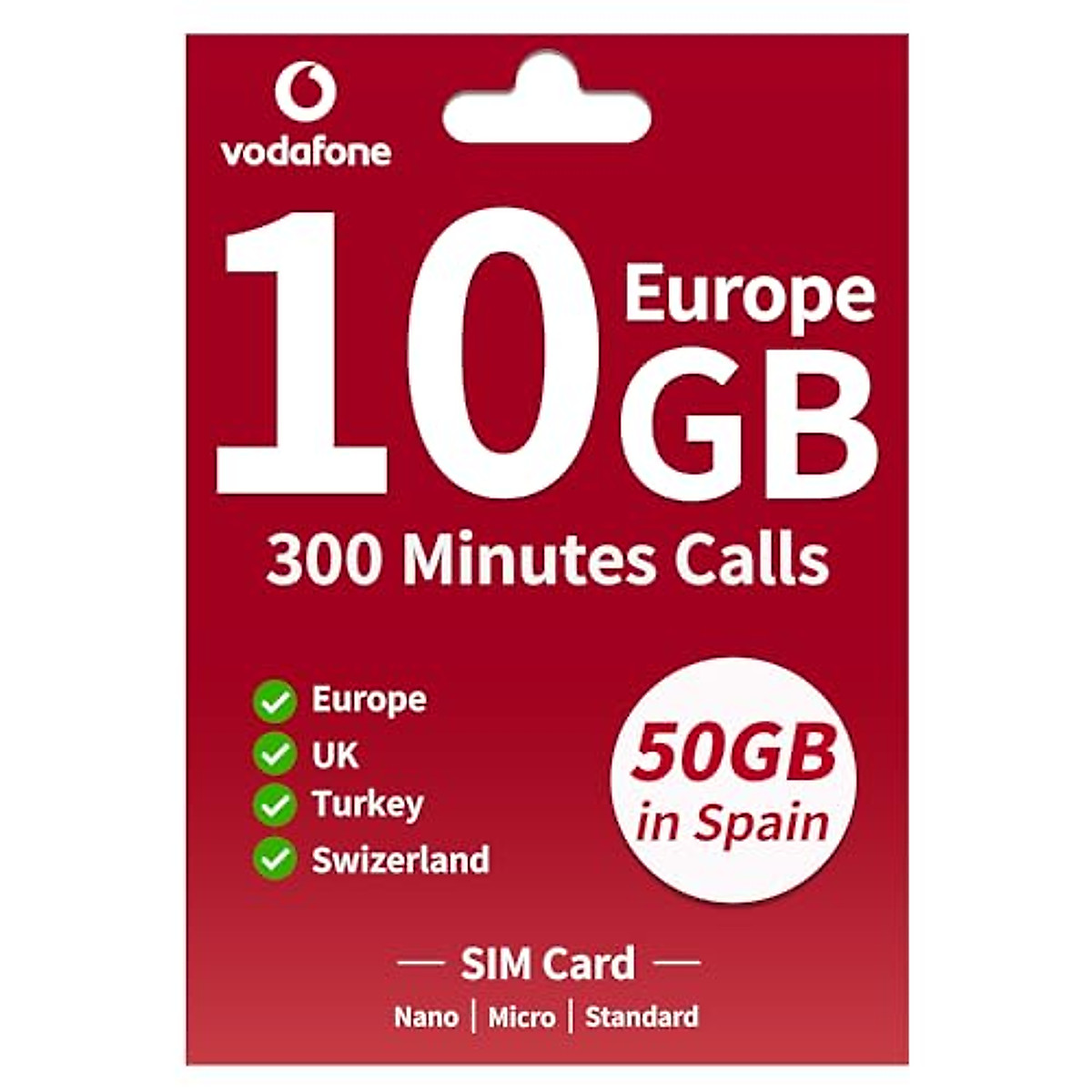 Vodafone Europe Prepaid SIM Card - 10GB Internet Data in 4G/LTE in UK and Europe, 50GB in Spain, 300 Mins Calls for 28 Days, SIM Card Supported Hotspot, Standard/Micro/Nano for iPhone/Android, L0