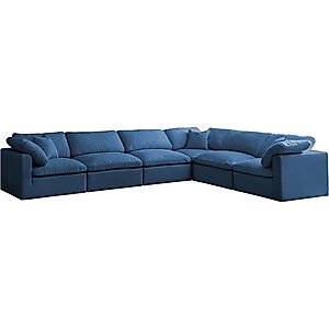 Meridian Furniture 602Navy-Sec6A Plush Collection Contemporary Down Filled Comfort Overstuffed Velvet Upholstered Modular L-Shaped Sectional 6-Seater Navy