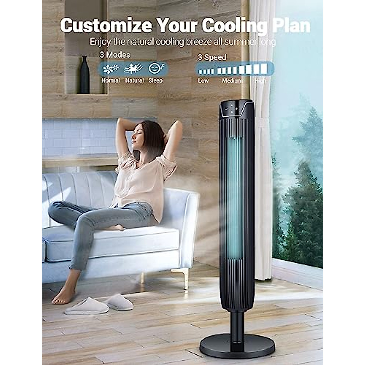 Aikoper Tower Fan, 42 Inch Bladeless Cooling Fans with Remote and Built-in 7Hrs Timer, 3 Modes and LED Display,Quiet Standing Fans for Home and Office