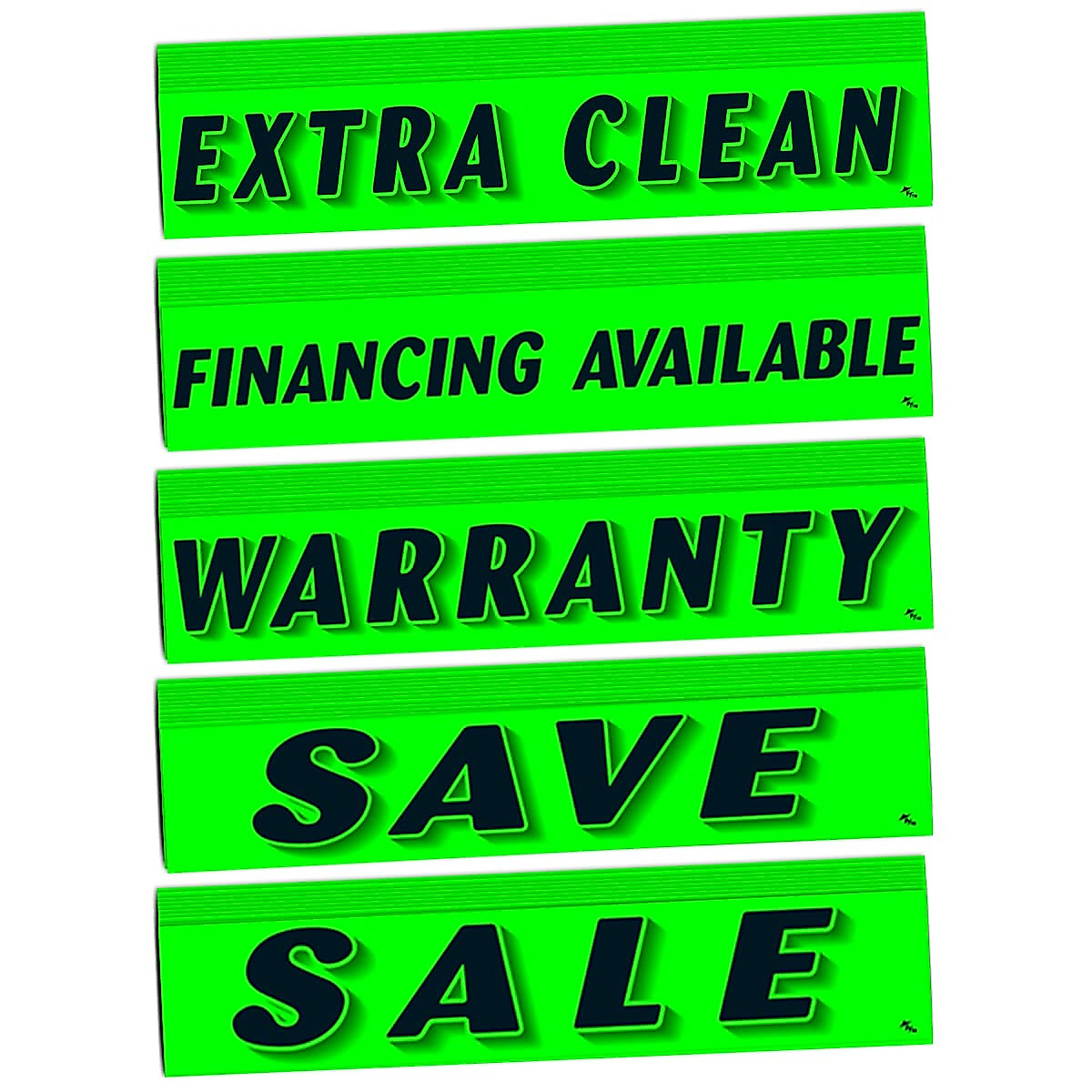 Versa Tags Windshield Slogan Stickers 12 Pack Each of Extra Clean, FINANCING Available, Warranty, Save, Sale (60) Window Stickers Total Dealership Stickers Black On Green
