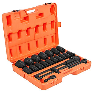 VEVOR Impact Socket Set 3/4 Inches 22 Piece Deep Impact Sockets, Socket Assortment 3/4 Inches Drive Socket Set Impact Standard SAE Sizes 7/8 Inches to 2 Inches Includes Adapters and Ratchet Handle