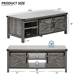 HOMFAMILIA Farmhouse Coffee Table with Sliding Barn Doors & Storage, Grey Rustic Wooden Center Rectangular Tables w/Adjustable Cabinet Shelves, for Bedroom, Home Office, Living Room