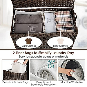 GOFLAME Laundry Hamper with Lid and Wheels, 110L Folding Synthetic Rattan Clothes Hamper with 2 Removable & Washable Liner Bags, Pulling Strap, Rolling Divided Laundry Basket for Laundry Room Bedroom