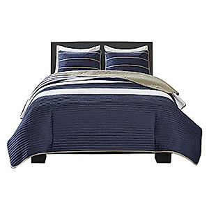 Comfort Spaces Quilt Set Trendy Casual Fun, Vibrant Color Design, Hypoallergenic All Season, Lightweight Coverlet Bedspread Cozy Kids Bedding & Sham Full/Queen Verone White Blue Stripe 3 Piece