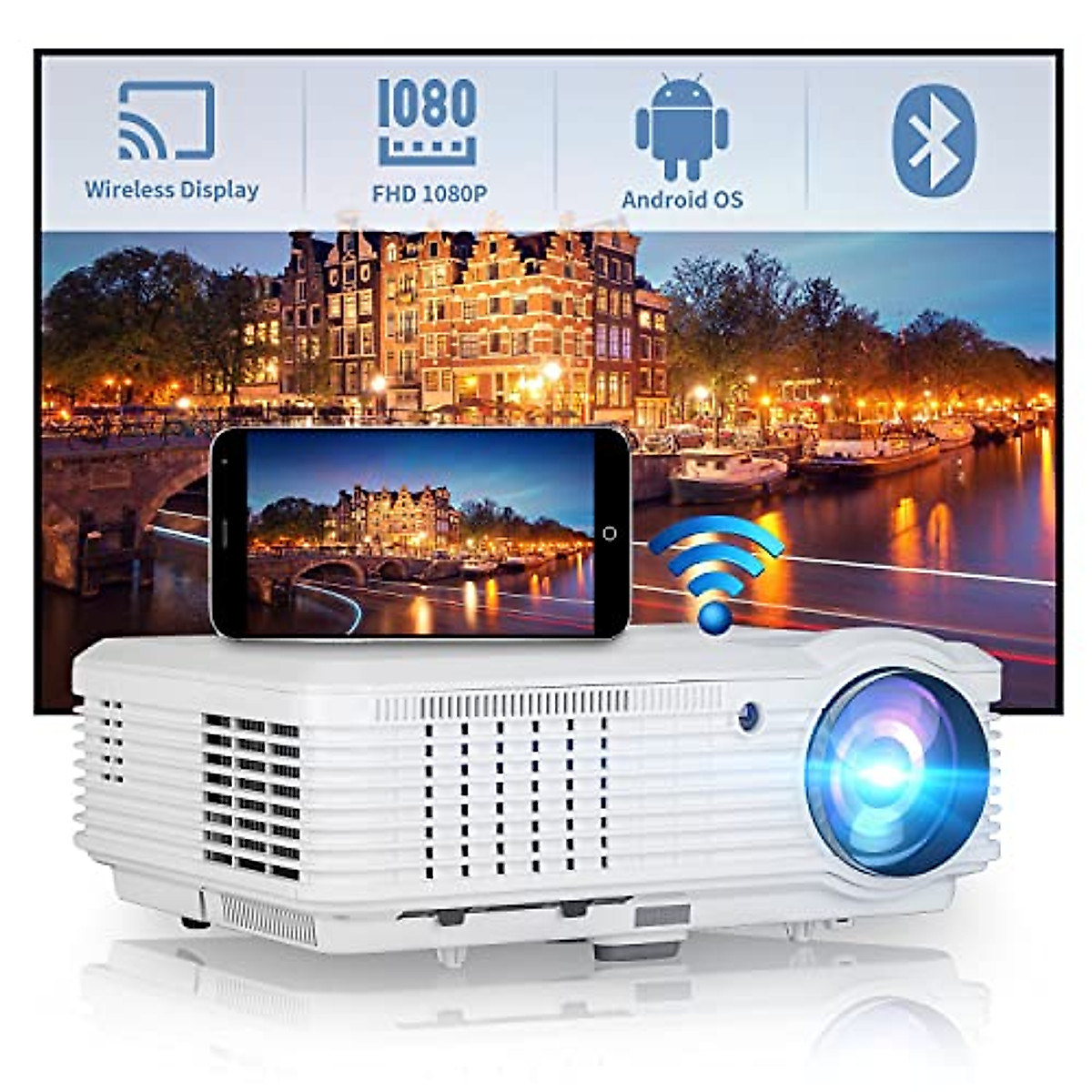 Native 1080p Full HD WiFi Bluetooth Projector, High Brightness Gaming Projectors Outdoor Movie Night, Android OS TV Projector App Netflix Airplay, Compatible with Android/iOS, TV Stick, DVD, PC, HDMI