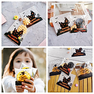 AXYEEUR 100 Pcs Halloween Candy Bags,Halloween Self Adhesive Cookie bags,2 Styles Halloween Clear Cellophane Treat bags for Party Favors Supplies