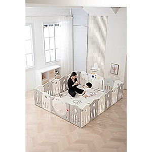 Space playpen:18 Panel Infants Toddler Safety Kids Playpen Activity Center Play Yard W/Lock Door and Basketball Hoop and Large Mat (Gray +White)