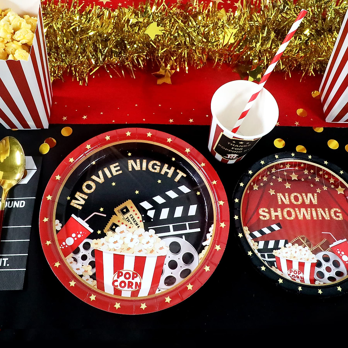 Recheel Movie Night Party Supplies Decorations, Movie Theme Birthday Paper Plates and Napkins Set with Cups and Straws for 24 Guests, 120 Pcs Disposable Party Snack Dinnerwares