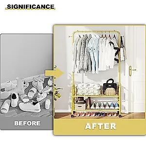 JIUYOTREE Rolling Clothes Rack with Storage Basket 35.4 Inches Freestanding Metal Clothing Rack with 2-Tier Storage Racks Garment Coat Rack with Wheels for Clothes Shoes Hats Bags Golden