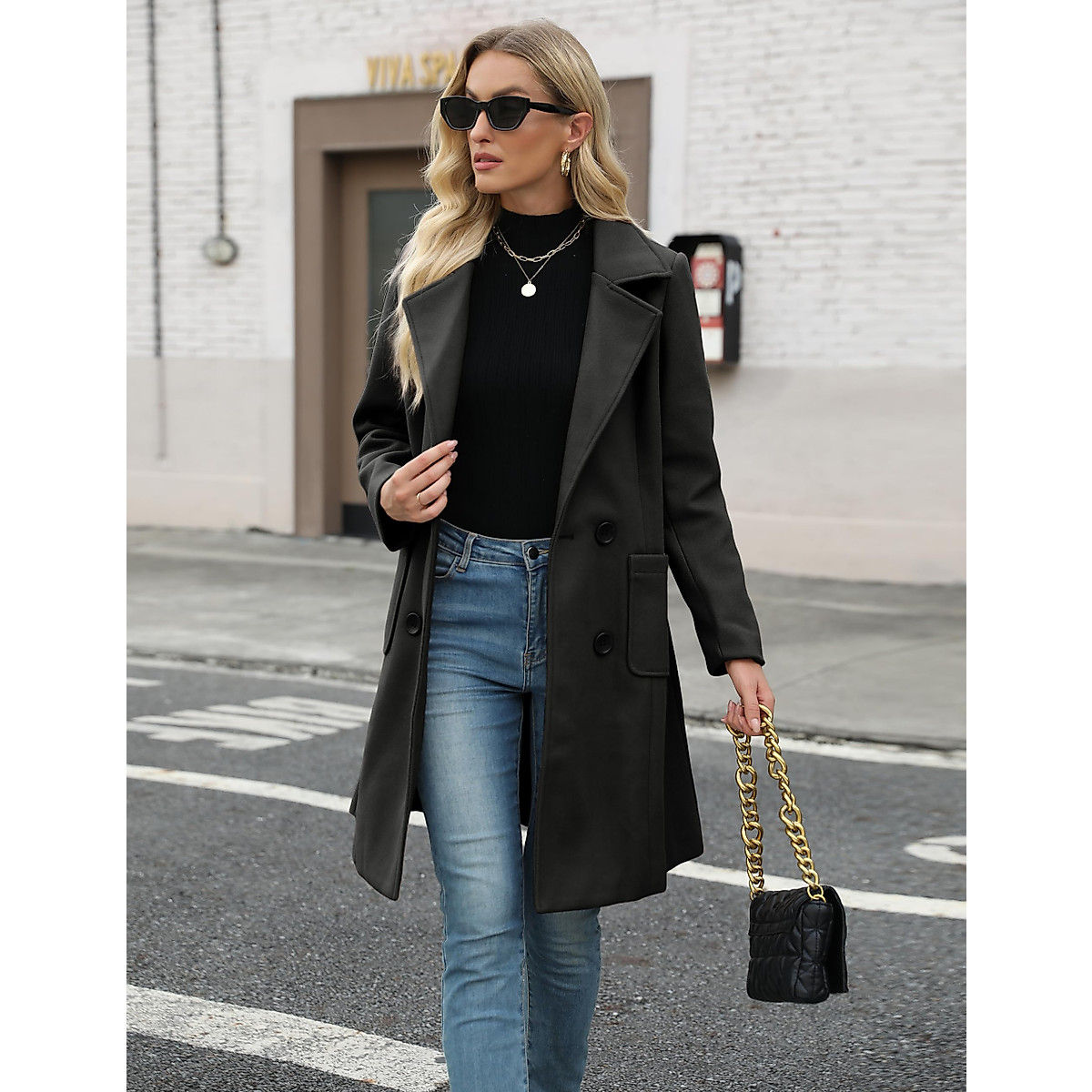 Bankeng Women Winter Wool Blend Camel Mid-Long Coat Notch Double-Breasted Lapel Jacket Outwear (Medium, Black)