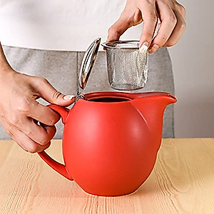 Yundu 32 ounce Red Porcelain Tea Pot - Stainless Steel Lid and Fine Infuser To Brew Loose Leaf Tea, Enough For 4 Cups