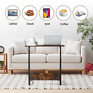 Karl home Mobile Side Table 31.5 Inch Computer Desk with Wheels Height Adjustable Rolling Potable Laptop Cart, C-Shaped Bed Couch End Tables with Edge Stopper for Livingroom Bedroom, Rustic Brown