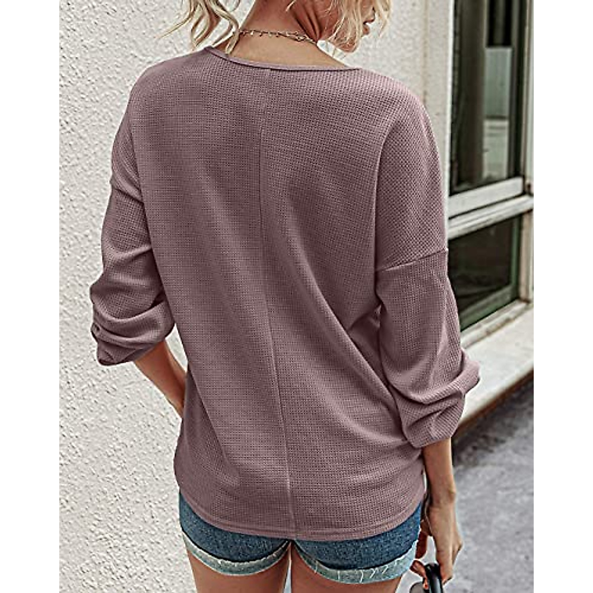 BTFBM Women Waffle Knit Shirts V-Neck Long Sleeve Casual Slouchy Loose Blouses Plain Faux Button Lightweight Pullover (Purple, Large)