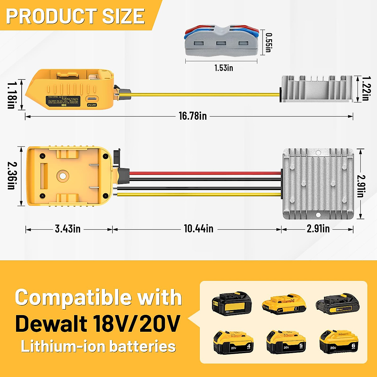 Azocek 20V to 12V Step Down Converter for DeWalt 20V Battery Adapter & New Upgrade USB Charger Adapter, DC 12V Resistive Loads 20A 240W Buck Converter Regulator (1-Pack)