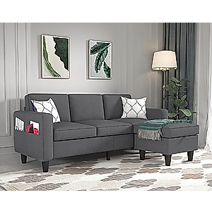 Sectional Sofa Couch Convertible L-Shaped Couches with Storage Ottoman Dark Grey 3 Seater Modern Linen Fabric Futon Sleeper Furniture Set for Living Room Apartment Loft Small Spaces