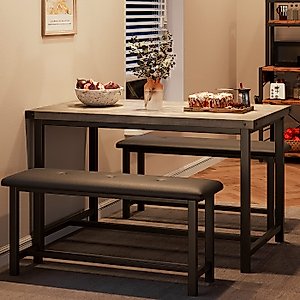 IDEALHOUSE Dining Table Set for 4, Kitchen Table with Upholstered Bench, Rectangular Dining Room Table Set with 2 Benches, 3 Piece Kitchen Table Set for Small Space, Apartment, Studio, Rustic Grey