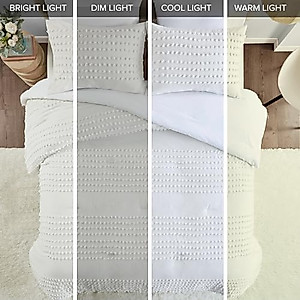 Comfort Spaces Cotton Comforter Set Jacquard Pom-Pom Tufts Design, Down Alternative, All Season Modern Bedding, Matching Shams, Full/Queen, Phillips, Ivory